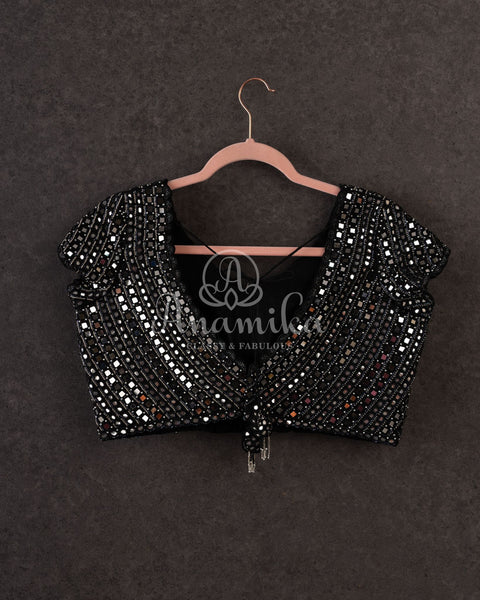 Black heavily embroidered mirror work blouse – Anamika Fashions