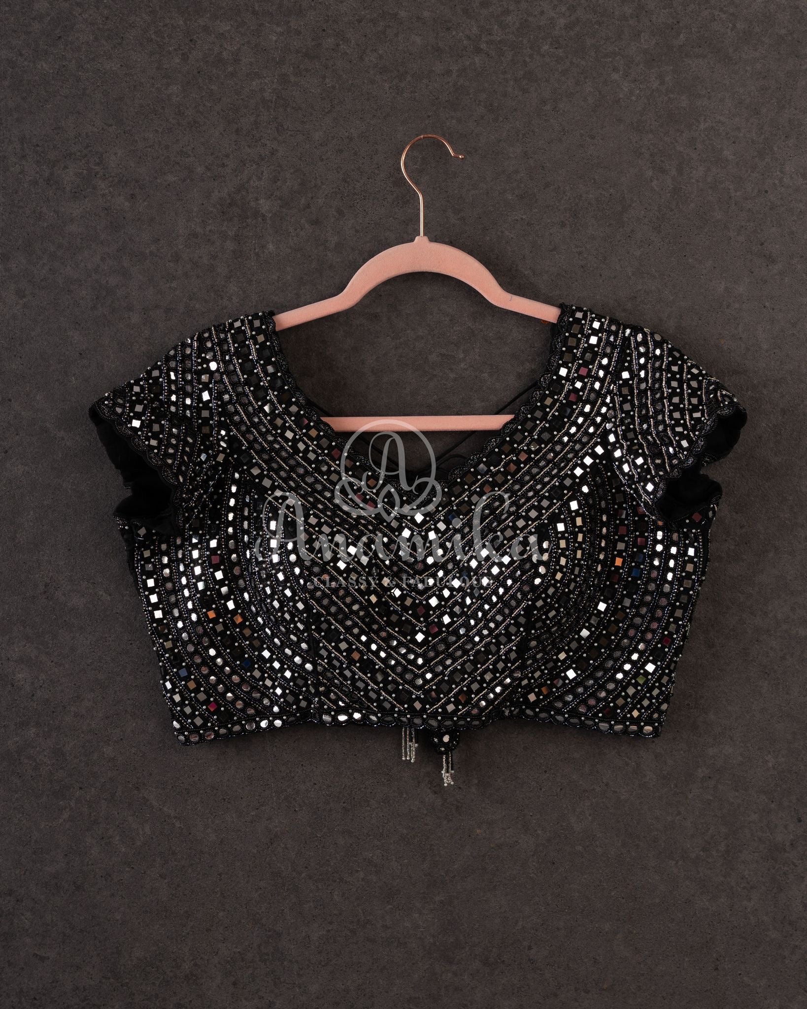 Black heavily embroidered mirror work blouse – Anamika Fashions