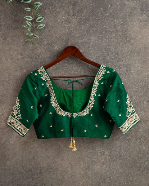 Dark Green Color blouse with gold zardosi work – Anamika Fashions