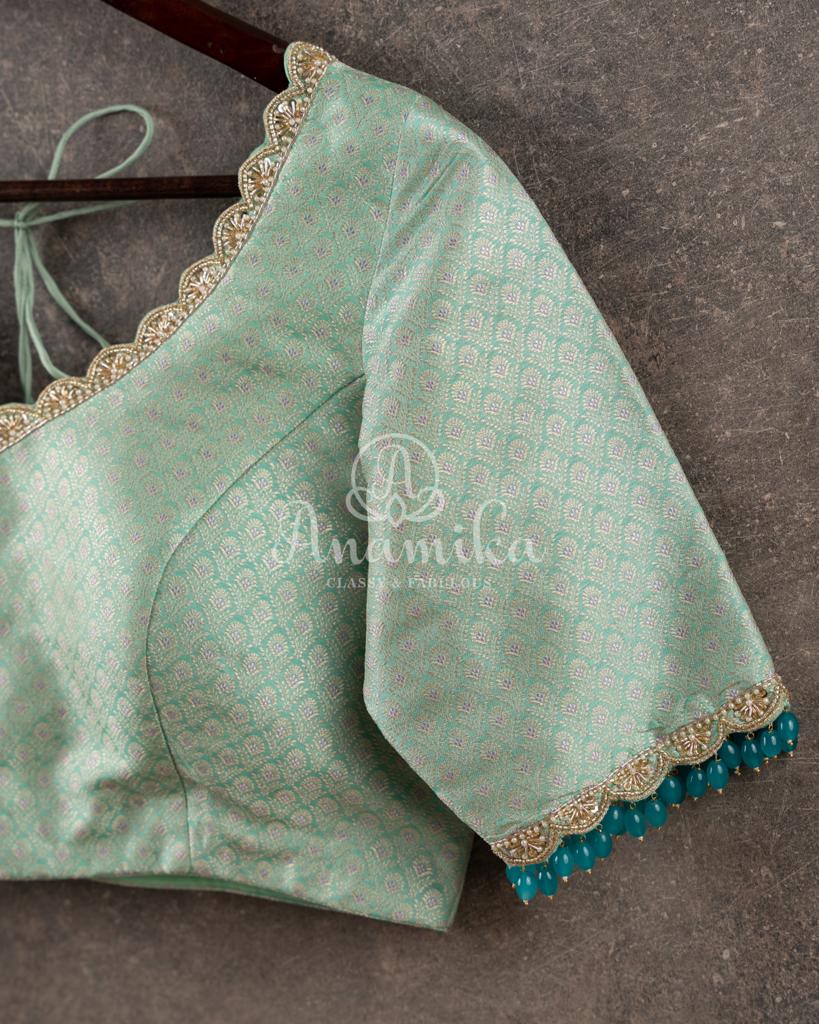 Pastel Sea Blue Pure Banarasi Brocade Blouse with simple scallop work ...