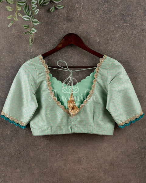 Pastel Sea Blue Pure Banarasi Brocade Blouse with simple scallop work ...